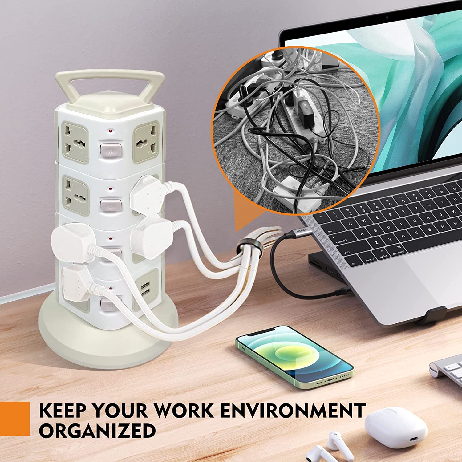 SKY-TOUCH Vertical Tower Power Strip Universal with 14 Charging Multi ...