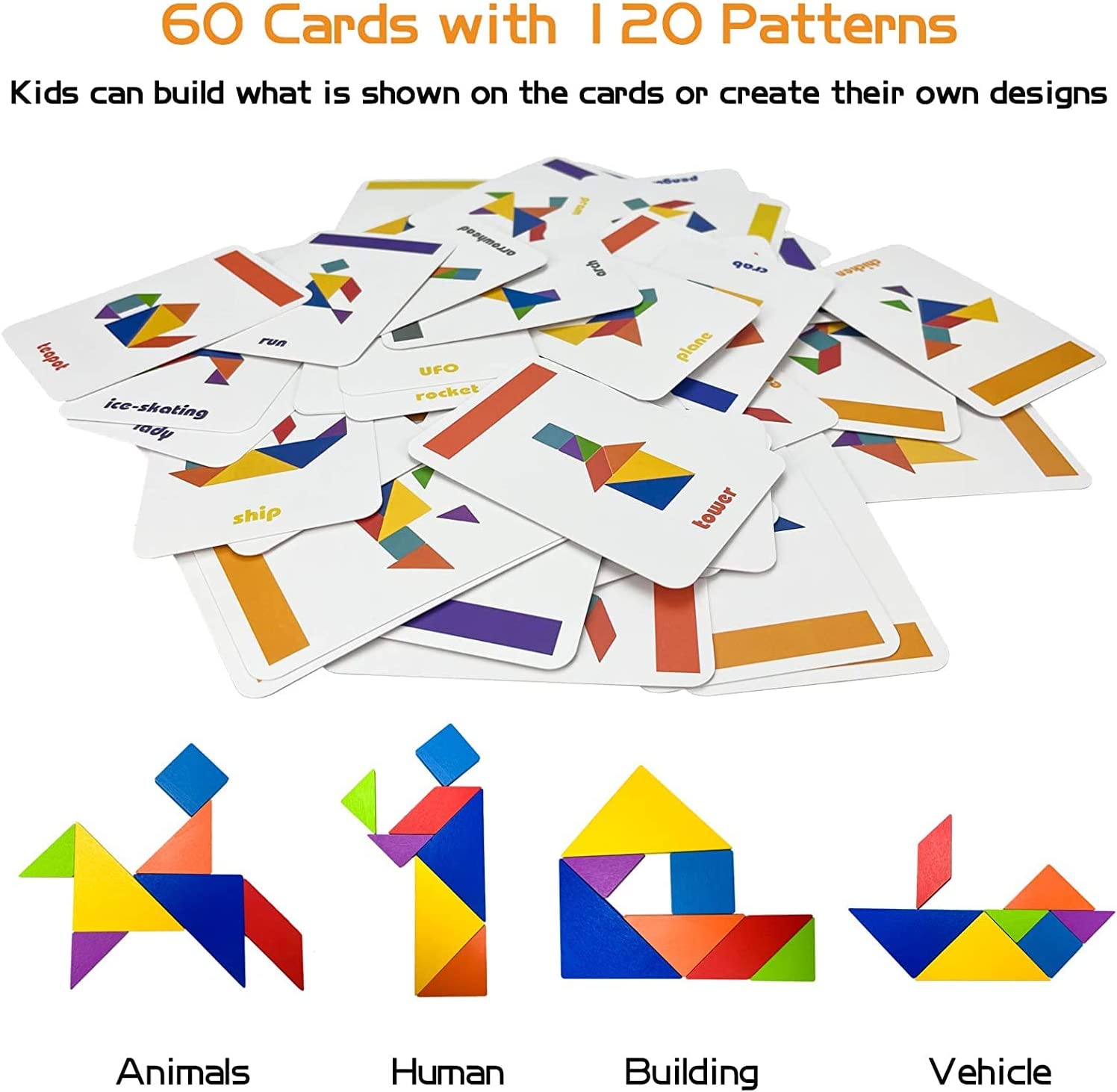 SKY-TOUCH Early Development Tangram Pattern Puzzles Set，Wooden Puzzle